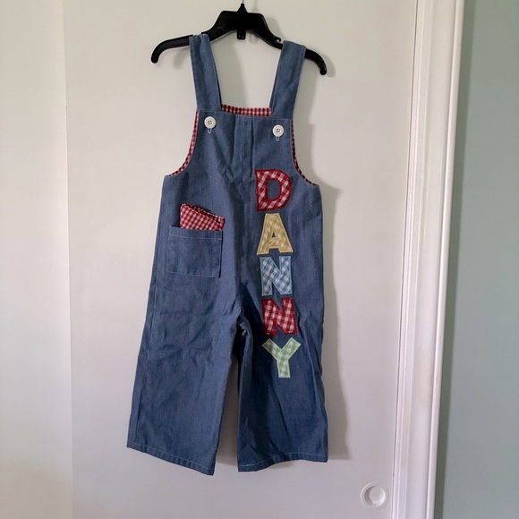 Bottoms | Vintage Handmade Kids Blue Overalls With Colorful Lettering ...